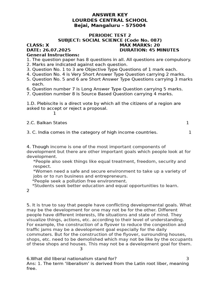 Class X Social Science Test Answer Key | PDF | Greece | Nationalism
