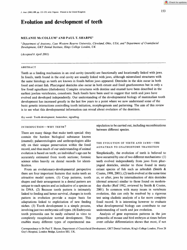 Journal of Anatomy - 2009 - McCOLLUM - Evolution and Development of Teeth | PDF