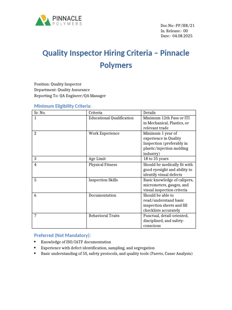 Inspector Hiring Criteria Pinnacle Polymers | PDF