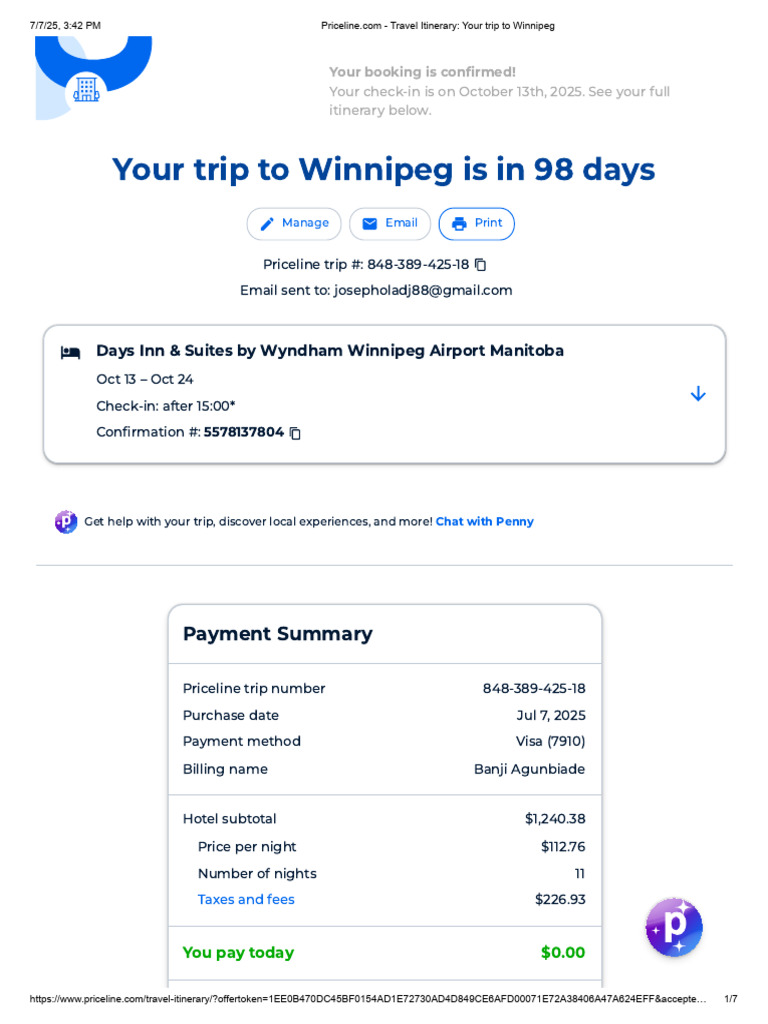 Winnipeg Trip Confirmation Details | PDF | Credit Card | Priceline.Com