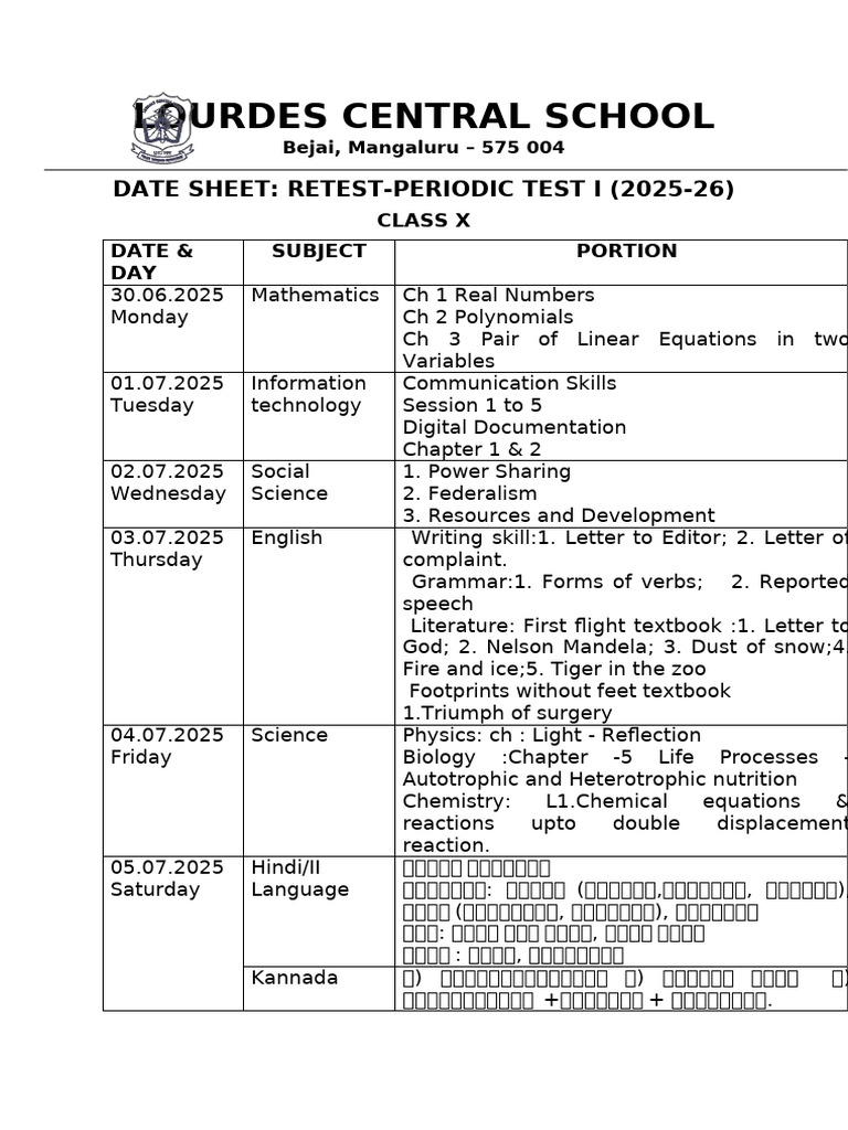 Class X Retest Date Sheet 2025-26 | PDF