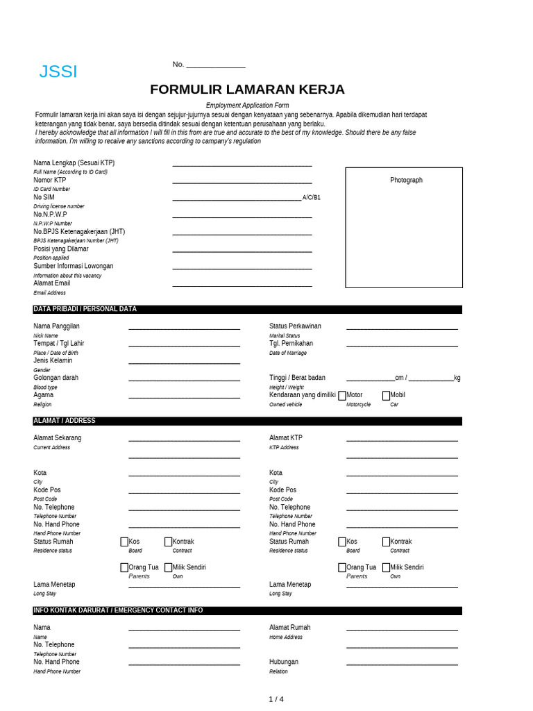 Formulir Lamaran Kerja PT. JSSI | PDF