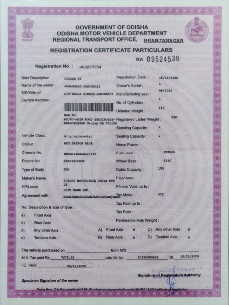 Odisha Bike Registration Certificate | PDF | Axle | Vehicle Technology