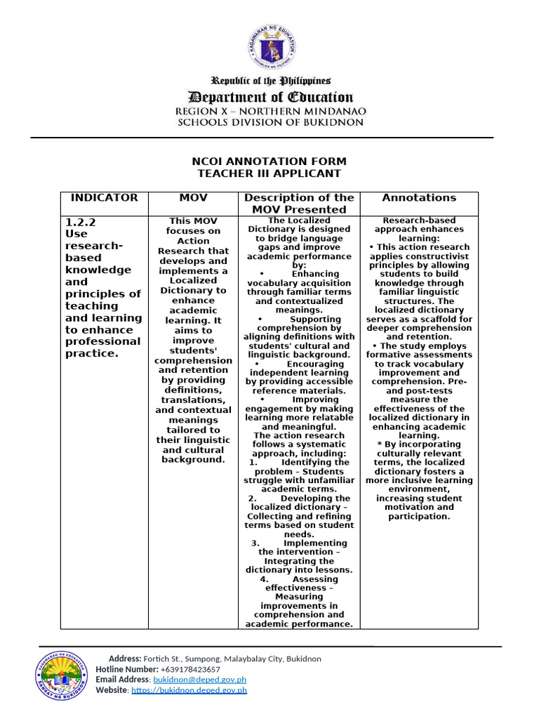 NCOI's Annotation Form For T3 | PDF | Educational Assessment | Learning