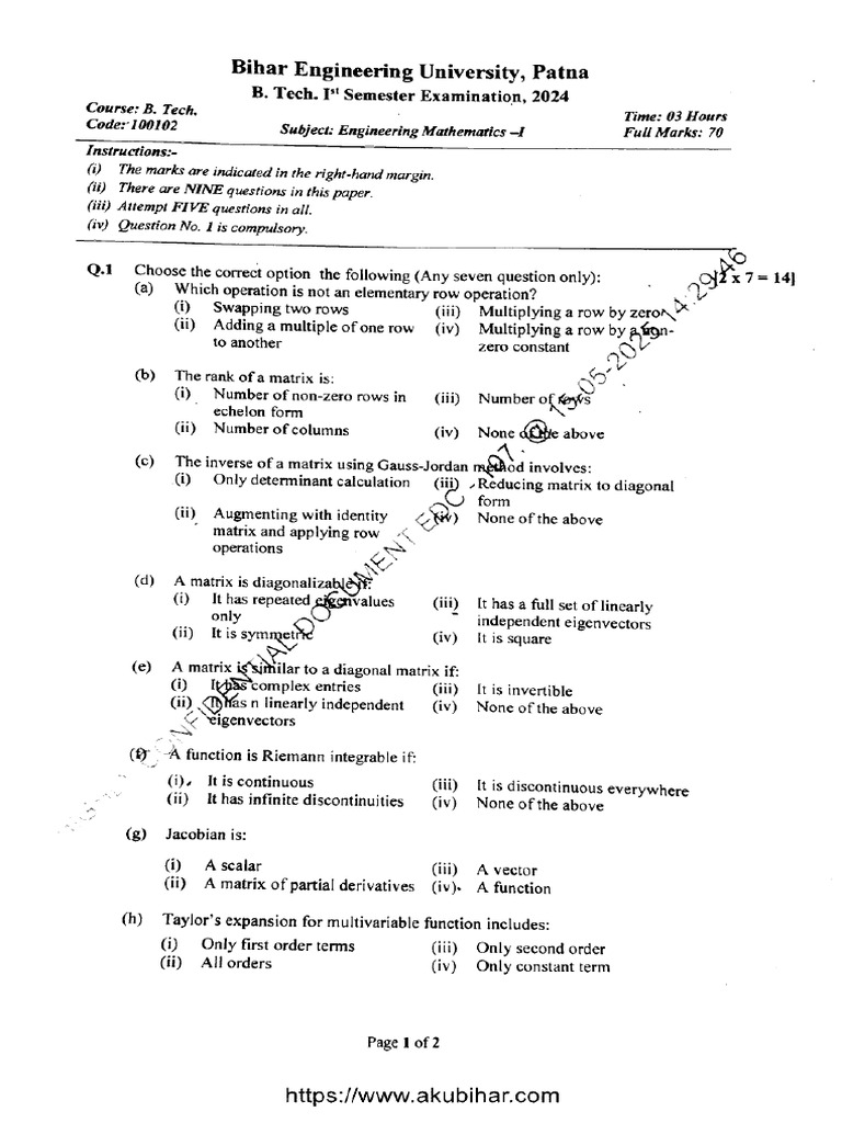 Btech 1 Sem Engineering Mathematics 1 100102 2024 | PDF