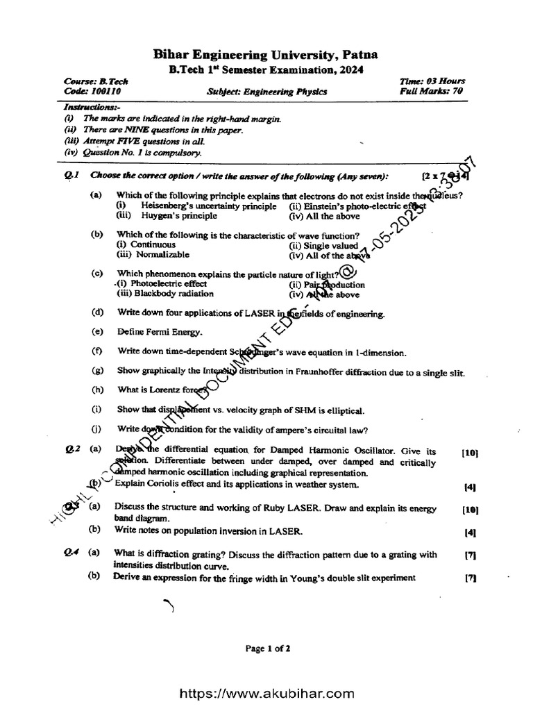 Btech 1 Sem Engineering Physics 100110 2024 | PDF