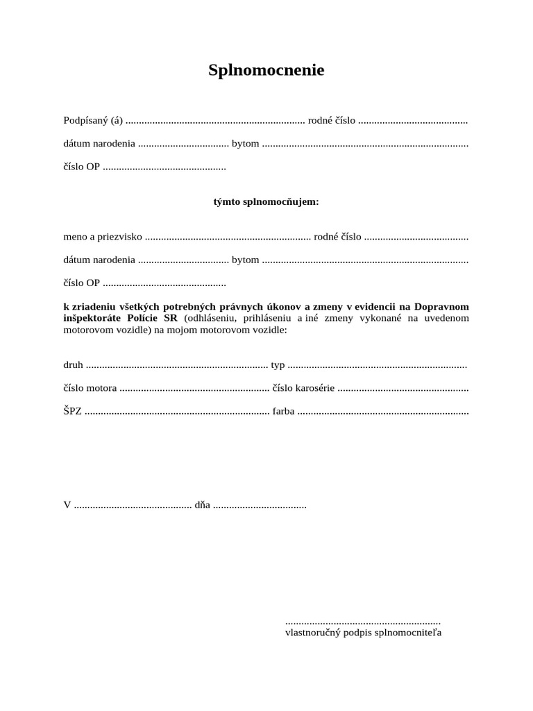 Splnomocnenie Na Prepis Auta | PDF