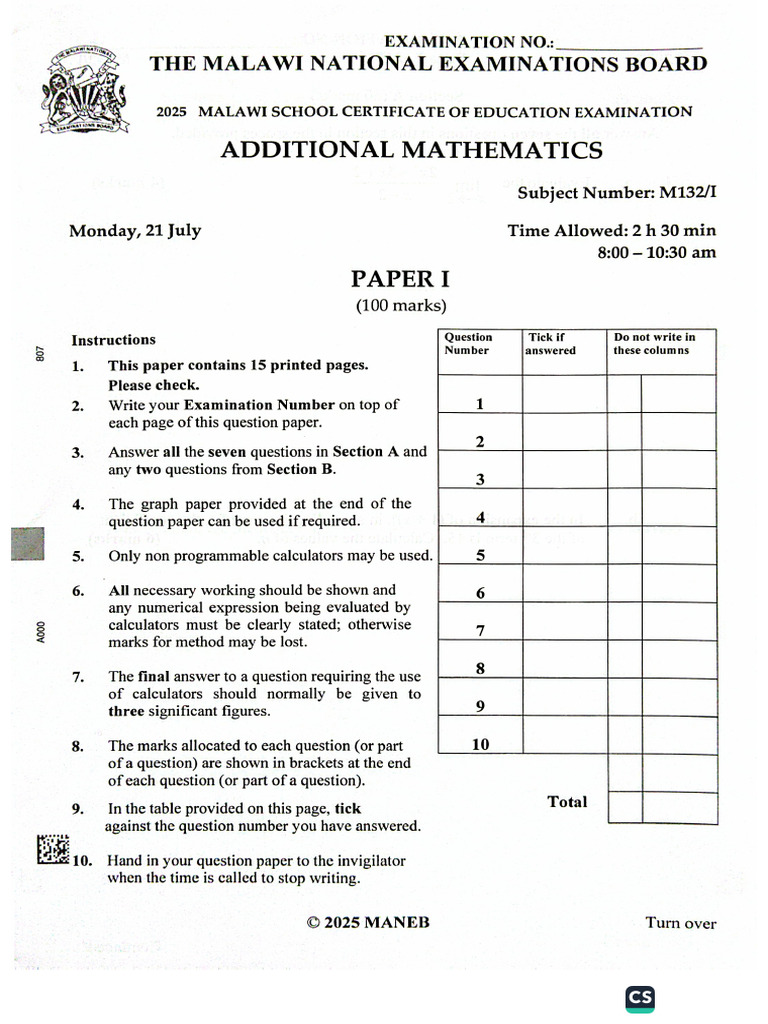 2025 Msce Add Math (I) | PDF