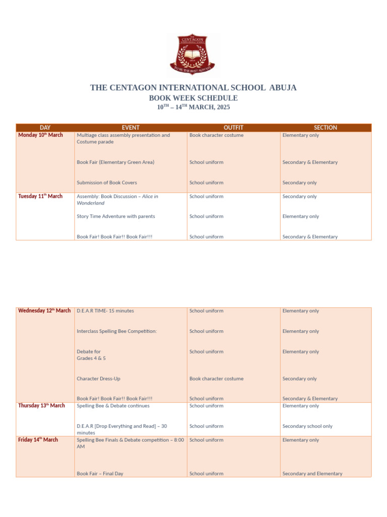 Book - Week - Schedule For Centagon Internation School 2024-2025 | PDF