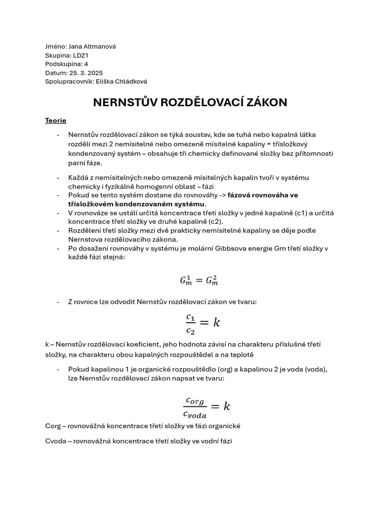 Nernstův Tozdělovací Zákon | PDF