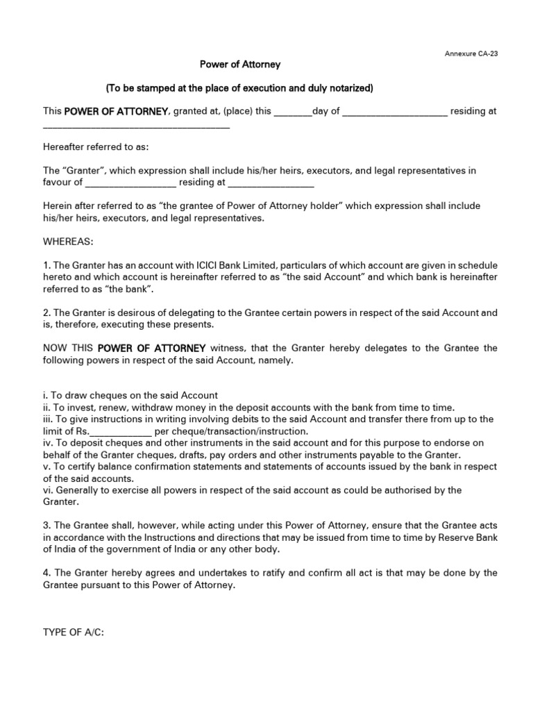 ICICI Bank Power of Attorney Sample | PDF | Cheque | Power Of Attorney