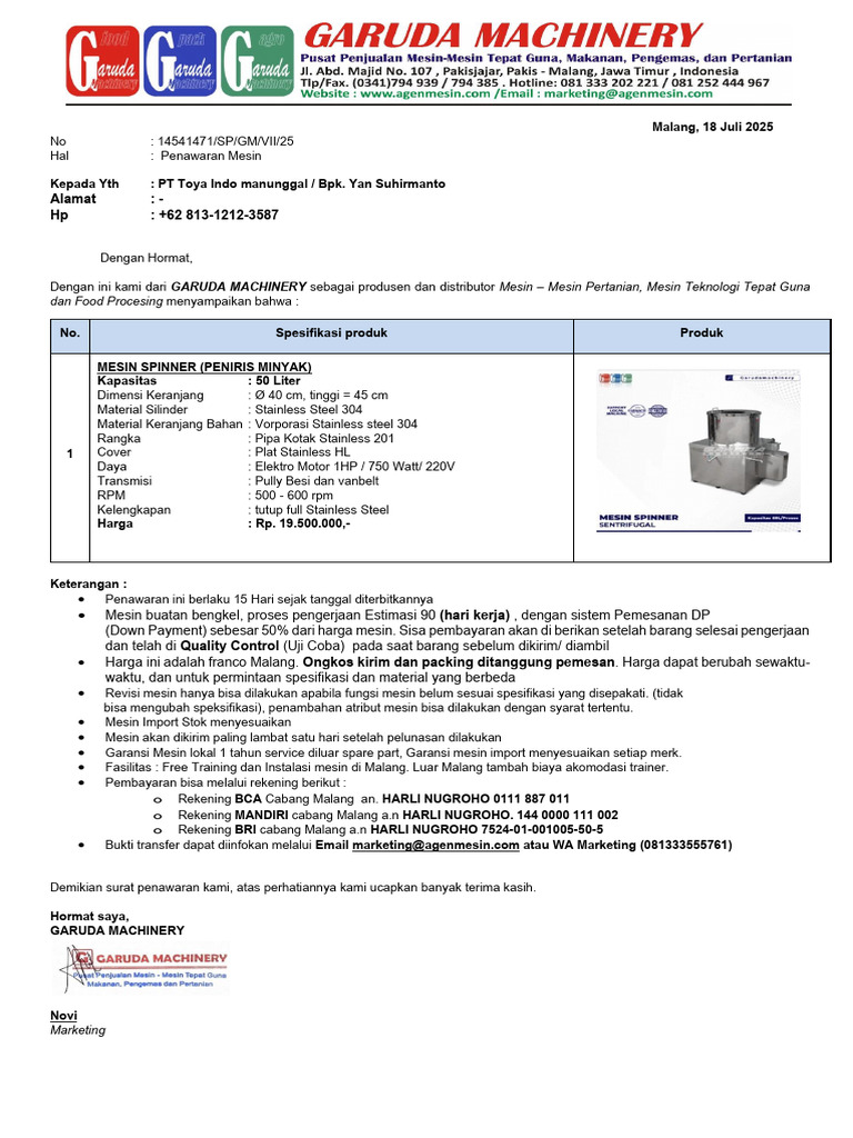 Penawaran Mesin Spinner untuk PT Toya | PDF