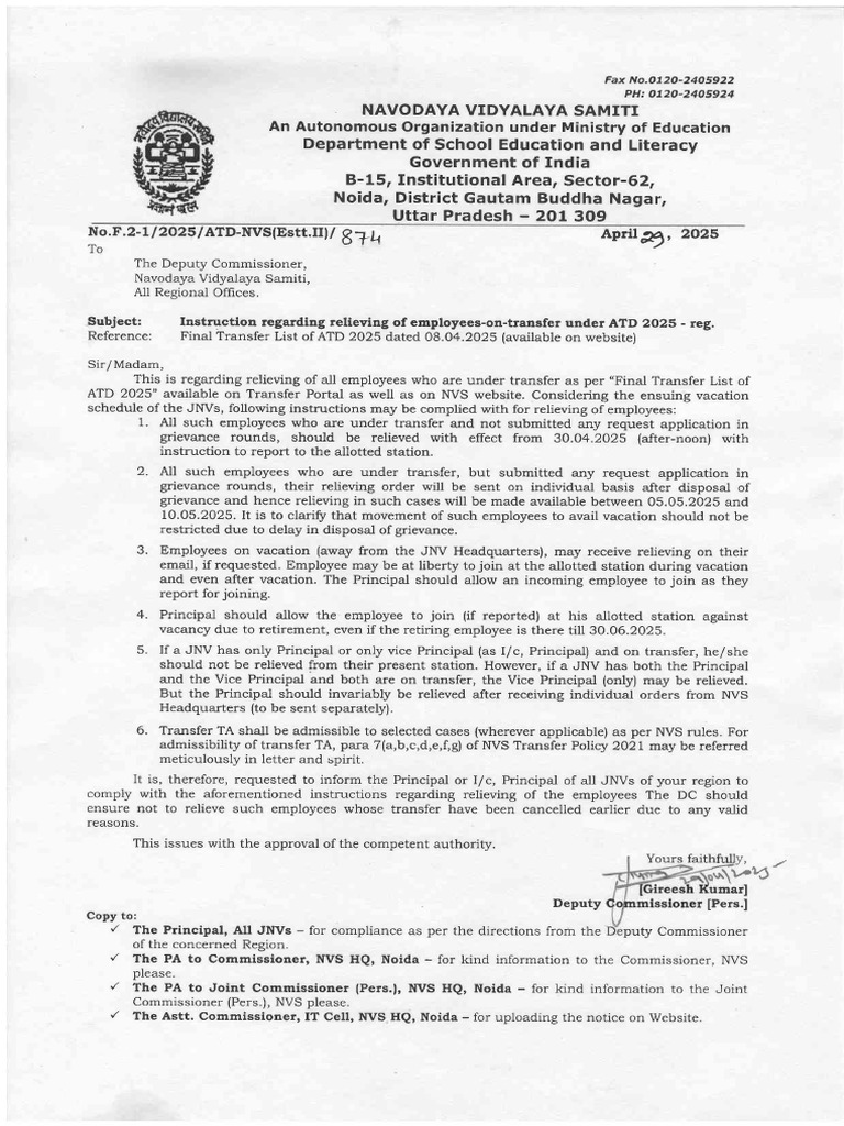 Instruction Regarding Relieving of Employees On Transfer Under ATD 2025. | PDF | Schools