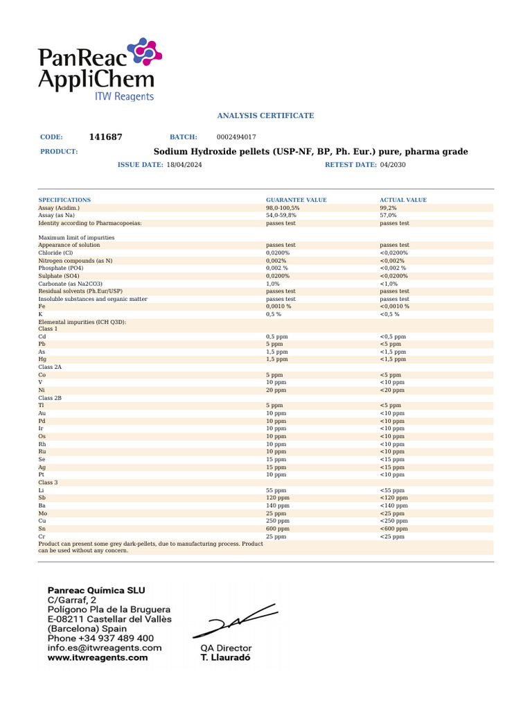 USP Sodium Hydroxide Pellets Analysis | PDF | Chloride | Chemical Elements
