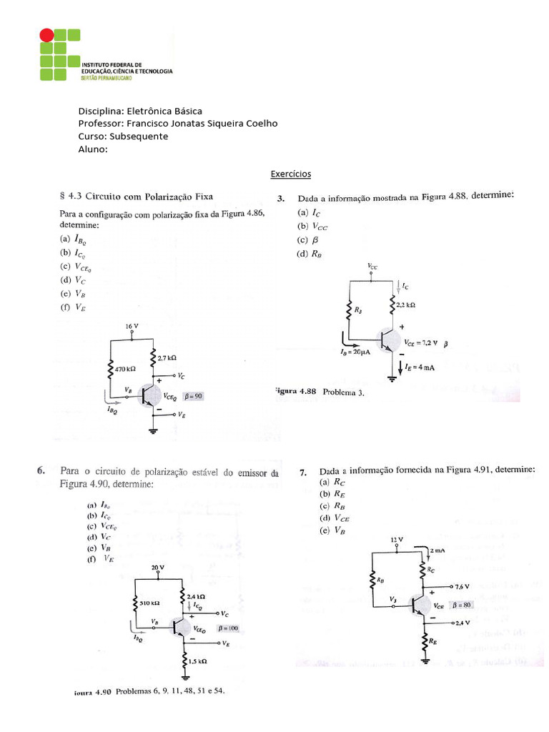 Eletrônica Industrial (Lista de Exercícios Transistor Boylestad) | PDF
