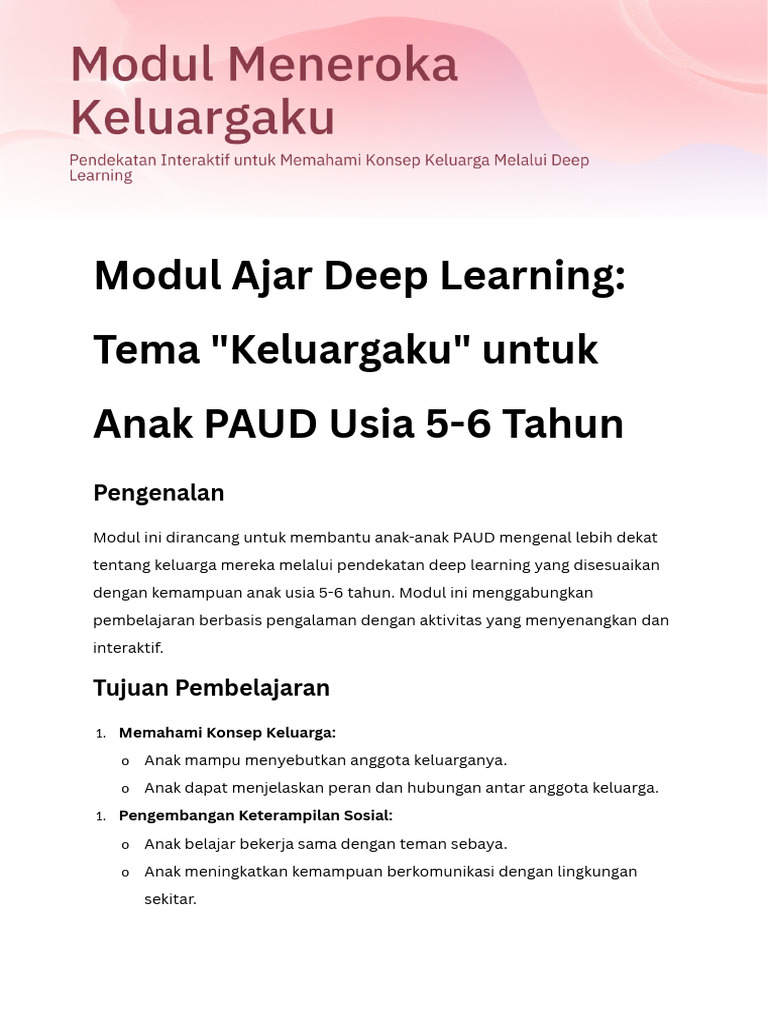 Modul Ajar Deep Learning Tema Keluargaku Untuk Anak PAUD Usia 5-6 Tahun | PDF