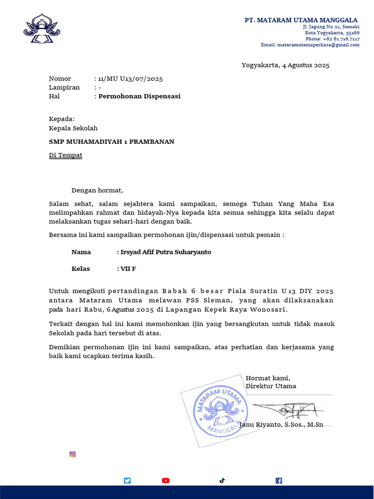 Permohonan Dispensasi Siswa Olahraga | PDF