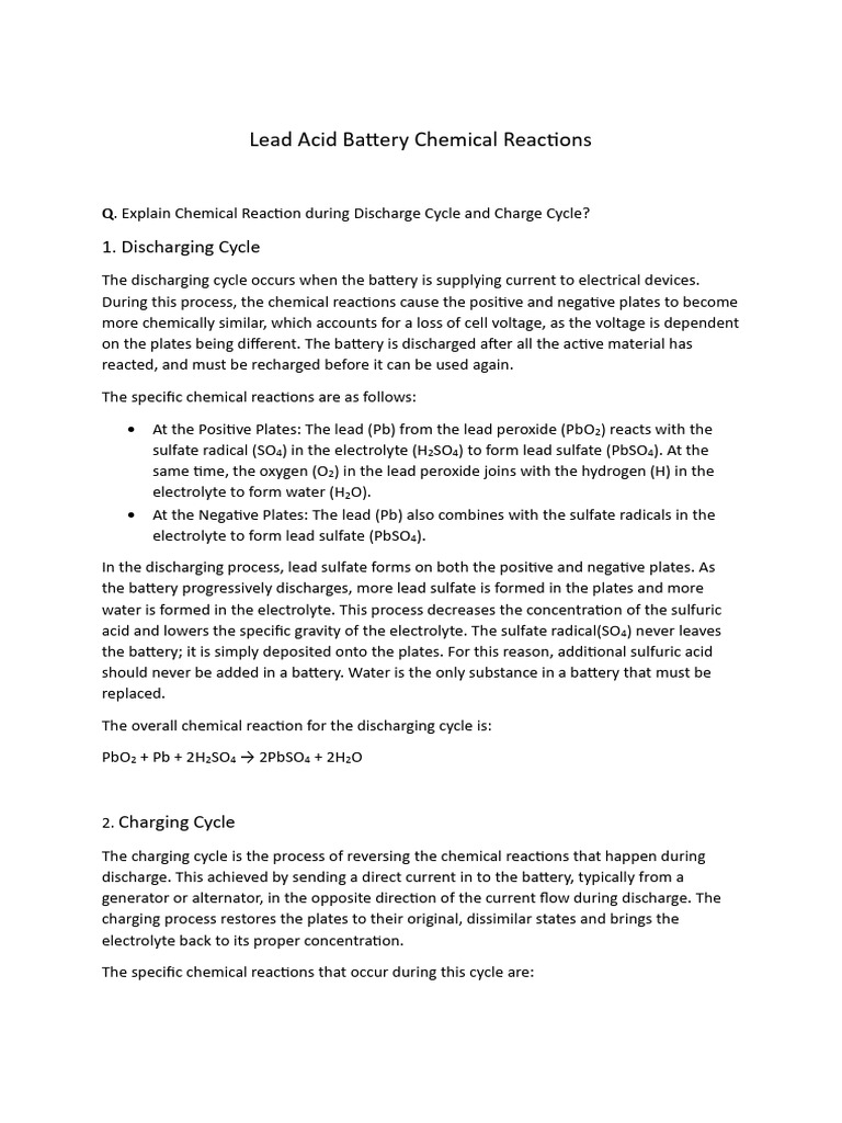 Lead Acid Battery Chemical Reactions | PDF | Sulfate | Chemical Reactions