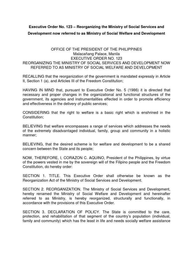 Executive Order No. 123, 1987 | PDF | Welfare | Disability