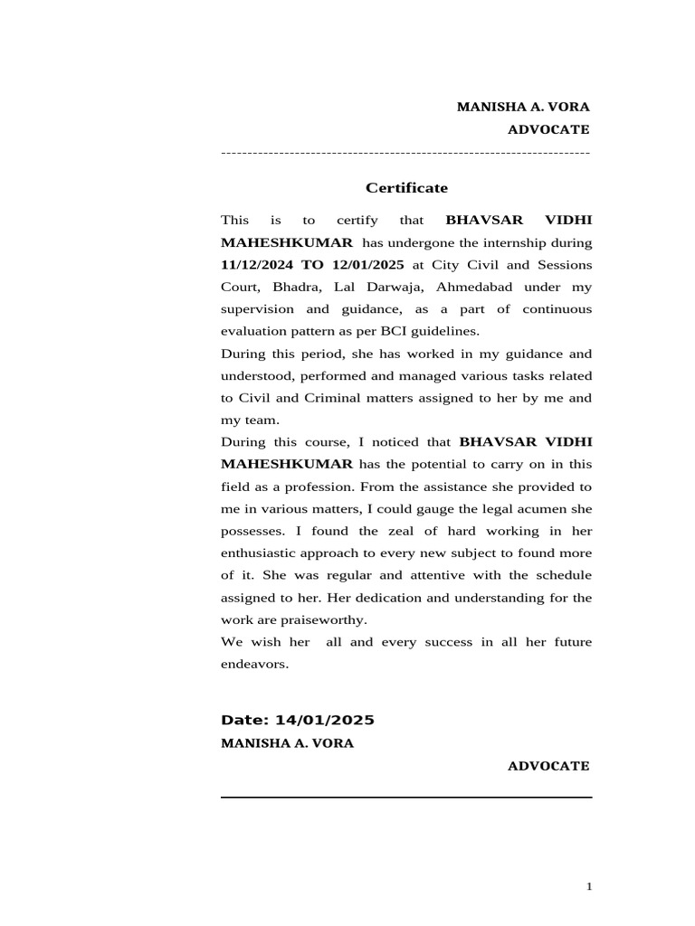 Sem III (Trial Court) Intern Certificate Vidhi Bhavsar | PDF