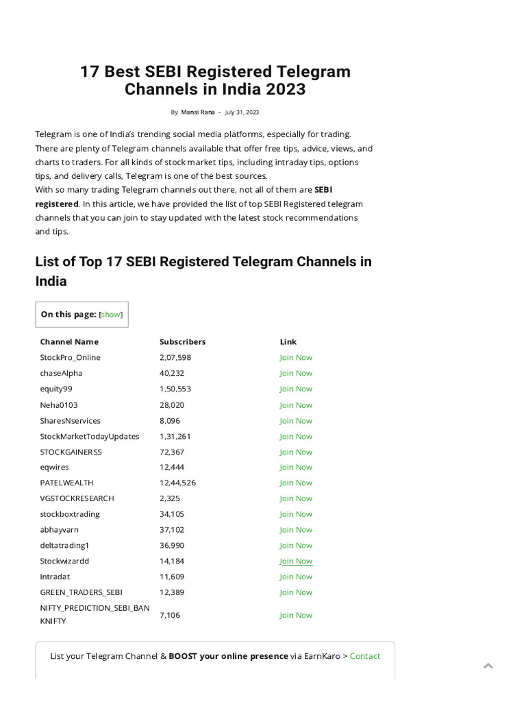17 Best SEBI Registered Telegram Channels in India 2023 | PDF | Stocks ...