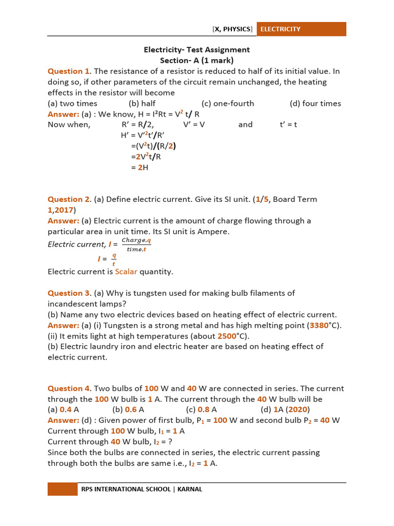 Electricity - Assignment 3 Answer Key of Questions RPS | PDF | Series And Parallel Circuits ...