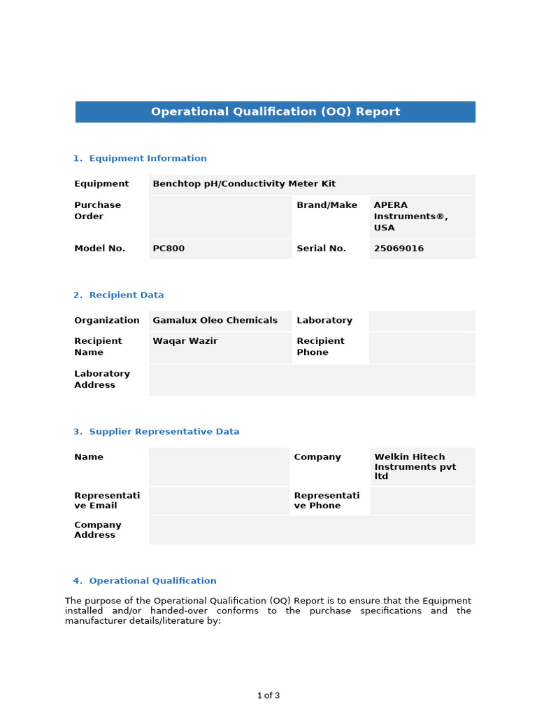 Operational Qualification Report - KOICA | PDF | Laboratories