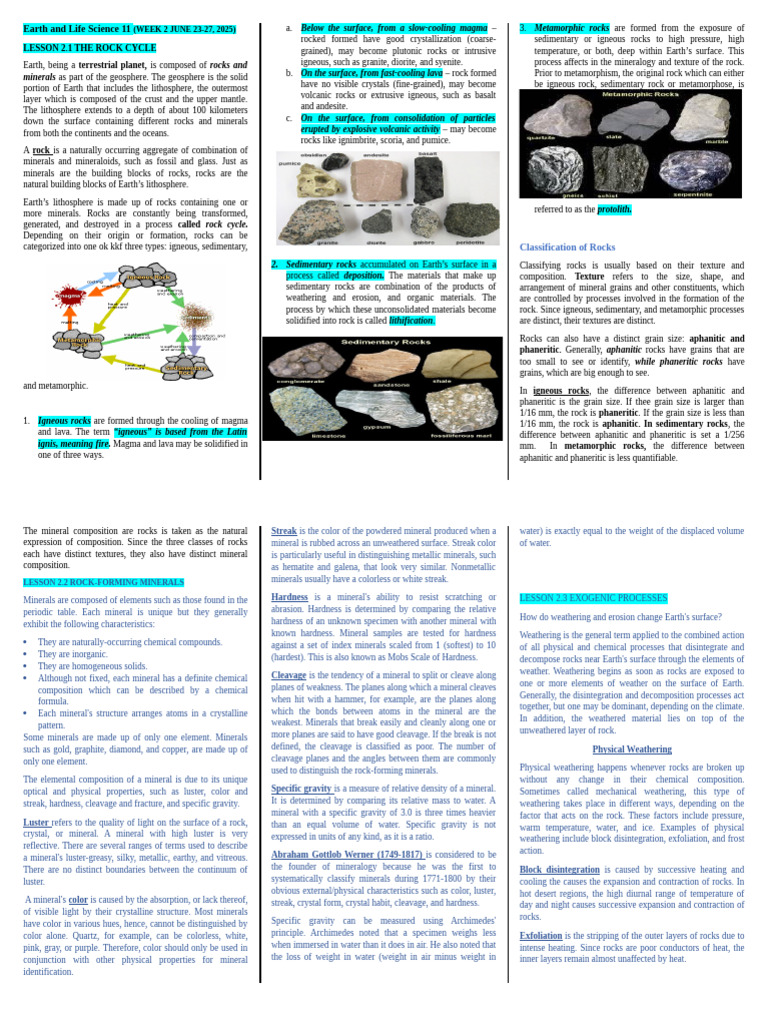 Earth and Life Science Week 2 | PDF | Rock (Geology) | Igneous Rock