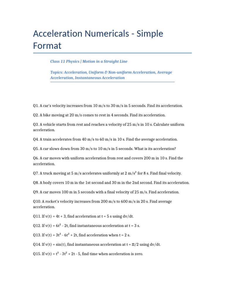 Acceleration Numericals Simple Format | PDF