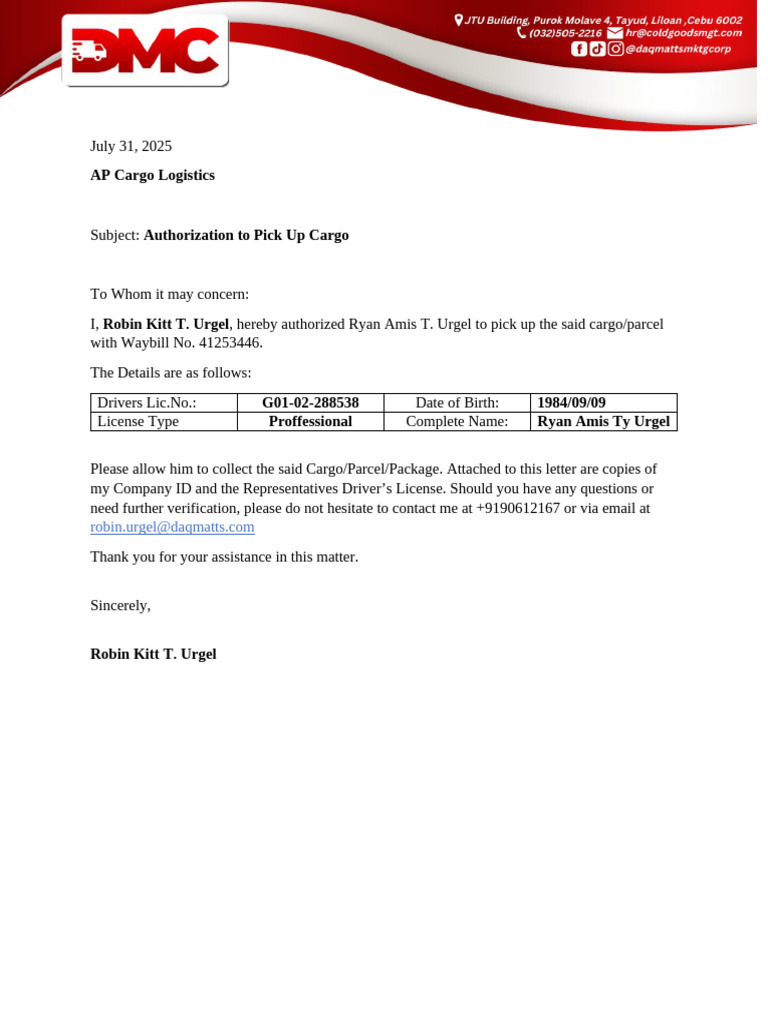 Authorization Letter - Pick Up Cargo - Ryan Urgel | PDF