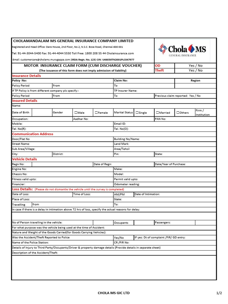 CHOLA Revised Motor Insurance Claim Form | PDF | Insurance | Vehicles