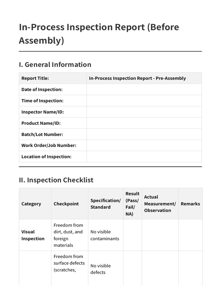 Pre-Assembly Inspection Report Template | PDF | Engineering Tolerance ...
