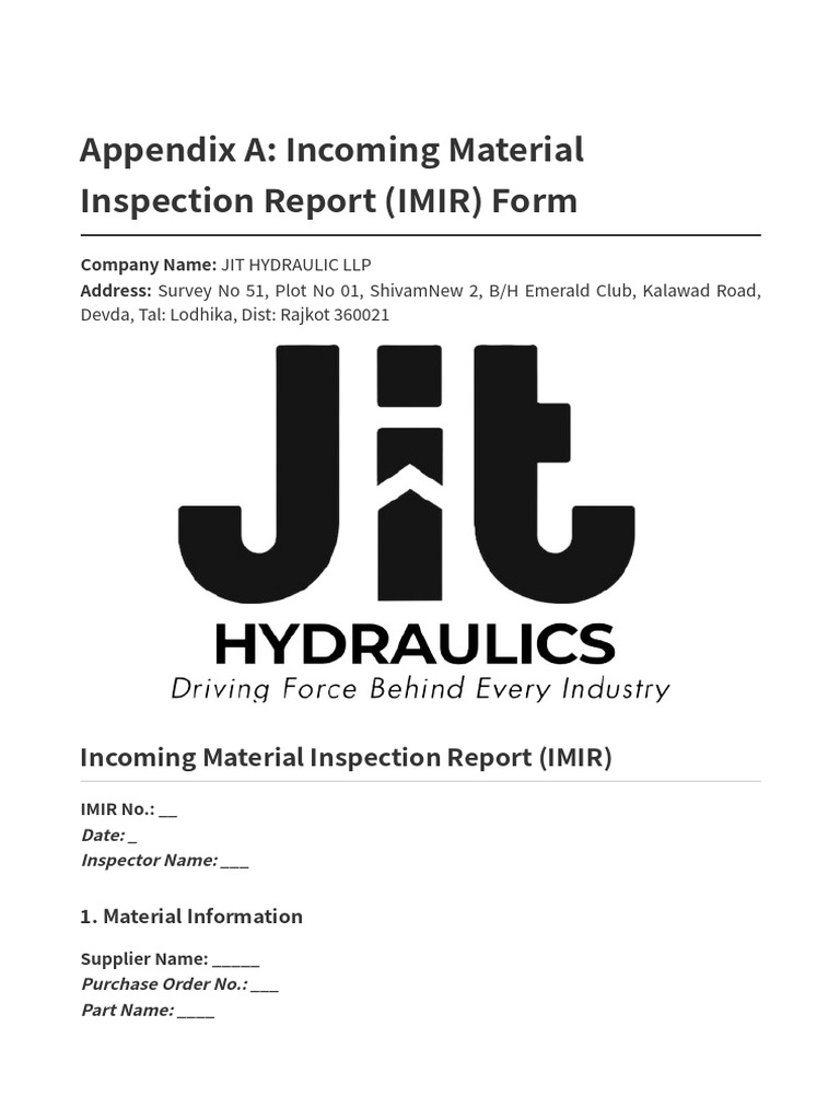 IMIR Form for Incoming Material Inspection | PDF