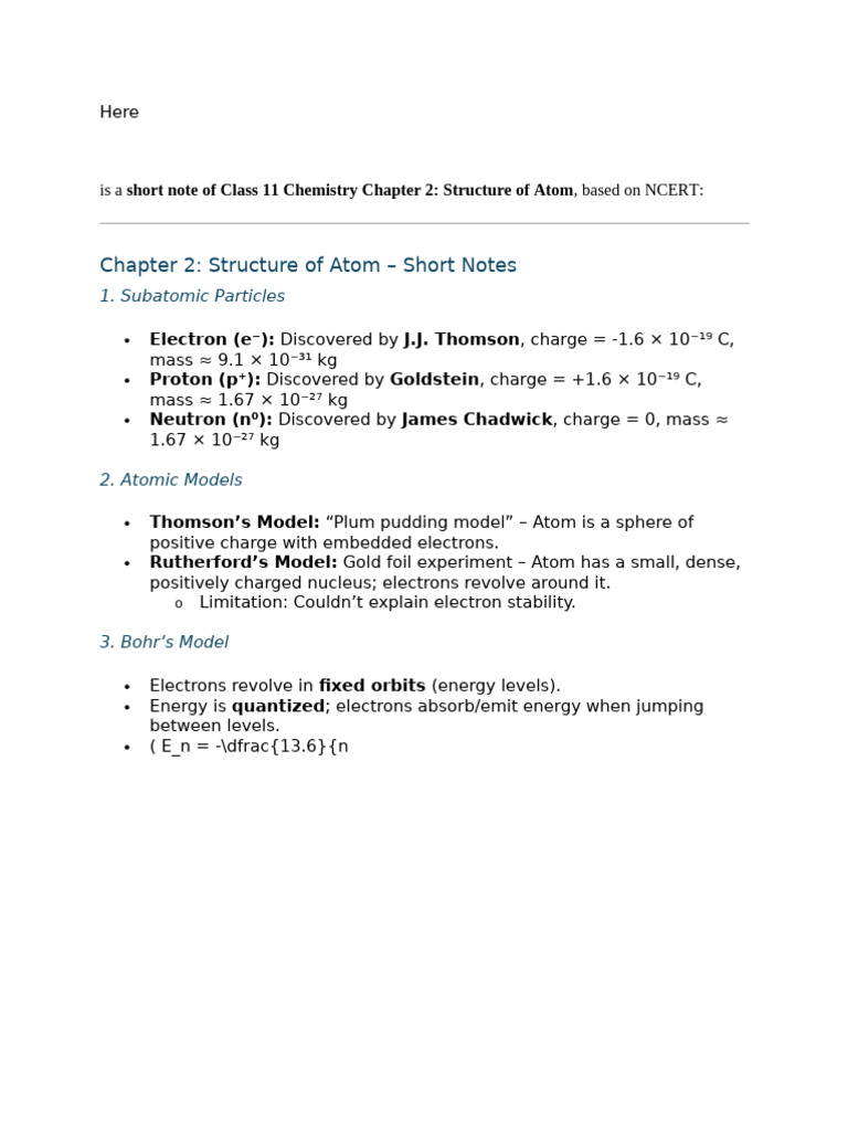 Chapter 2 Structure of Atom Based on NCERT | PDF