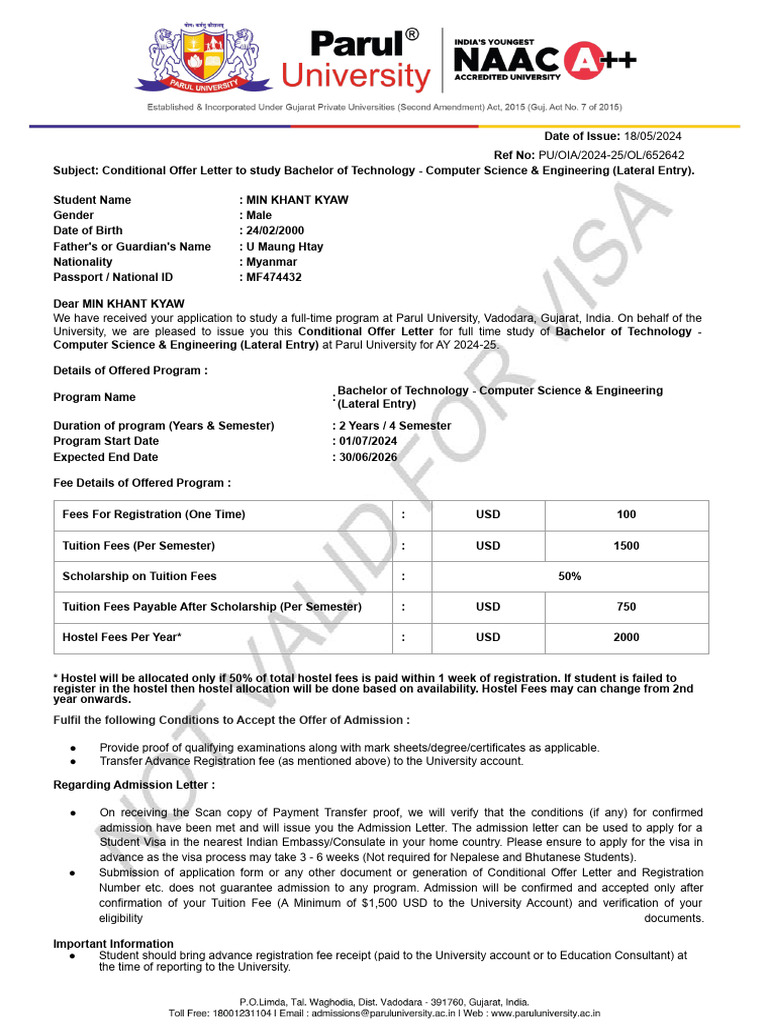 Offer-Letter | PDF | Travel Visa | Fee