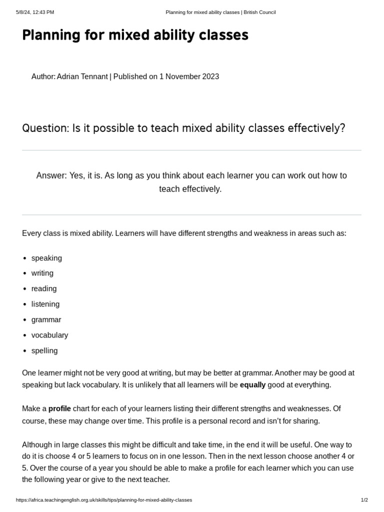 Planning For Mixed Ability Classes - British Council | PDF ...