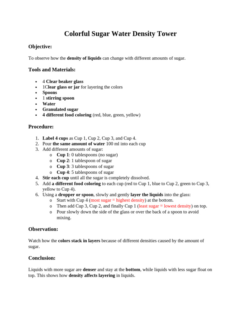 Sugar Water Density Tower Experiment | PDF