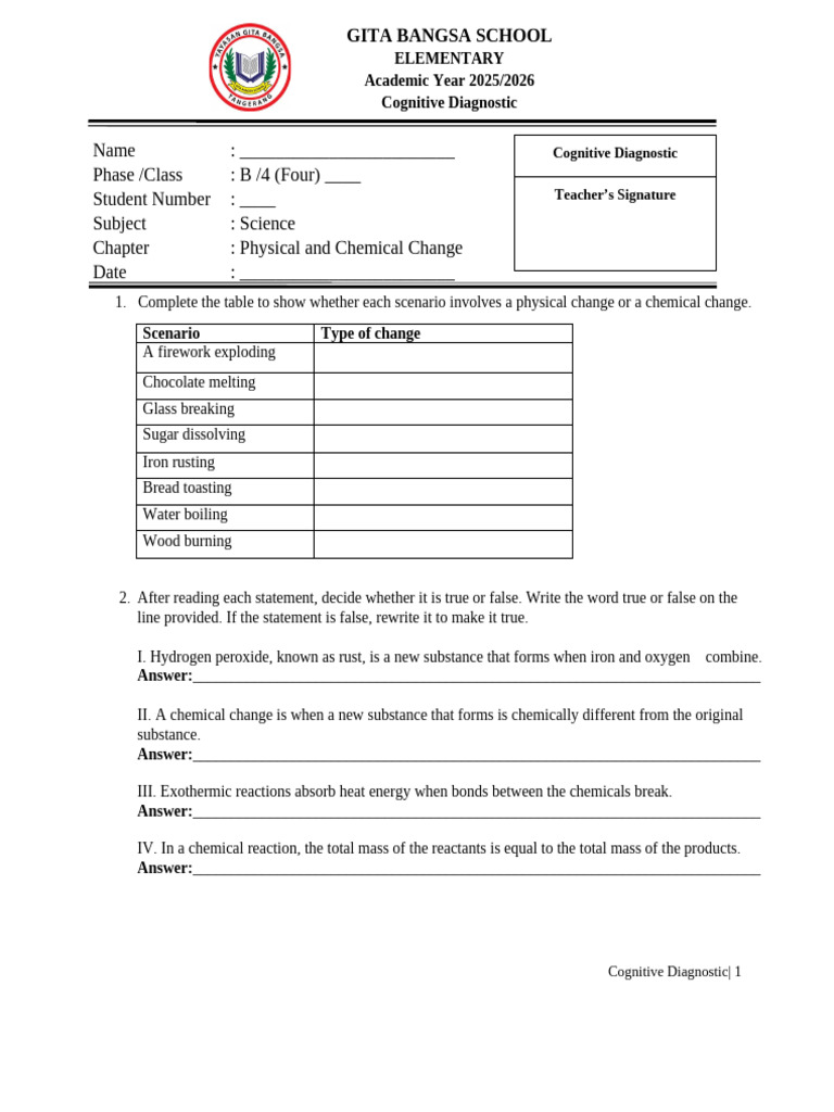 Physical vs Chemical Changes Quiz | PDF