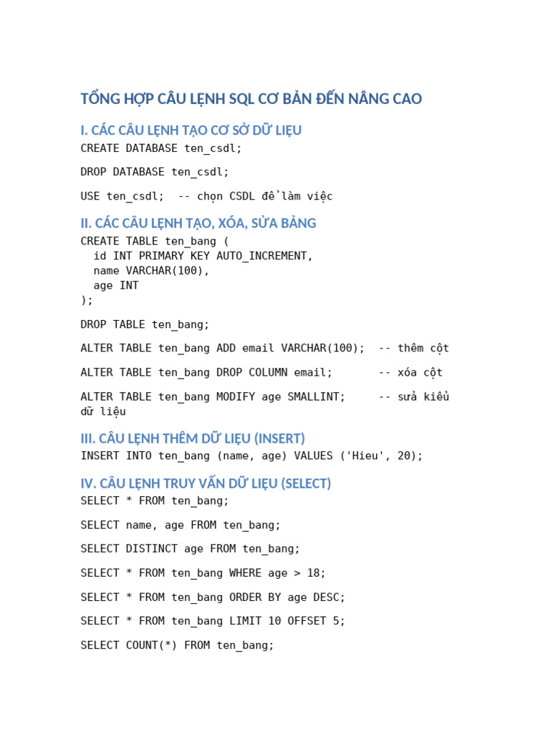 Tong Hop Cau Lenh SQL | PDF