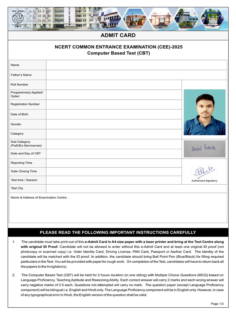 NCERT CEE 2025 Admit Card Instructions | PDF