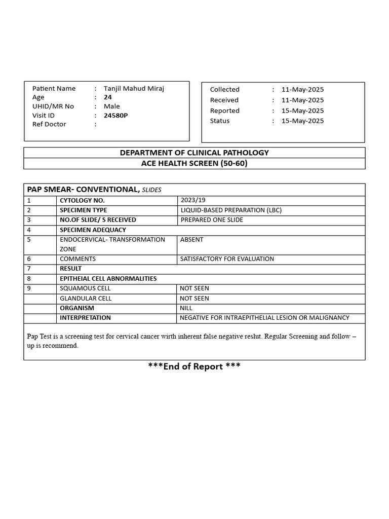 Pap Smear Report: Negative Results | PDF