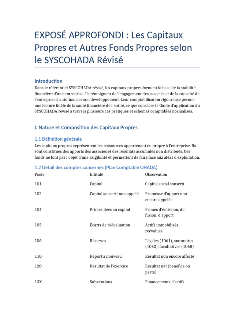 Exposé Capitaux Propres SYSCOHADA | PDF | Capitaux propres | Dettes