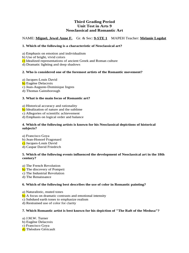 Neoclassical vs. Romantic Art Test | PDF | Romanticism | Plastic Arts