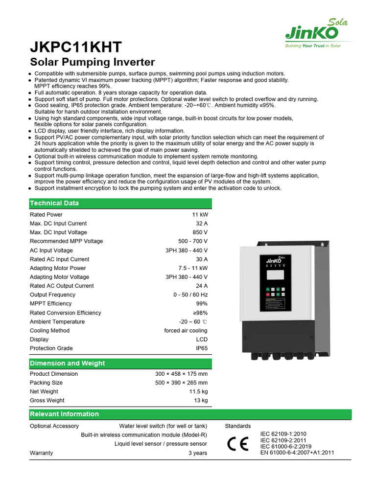 Jinko Solar Pumping Inverter 11kW Datasheet | PDF | Alternating Current | Solar Panel
