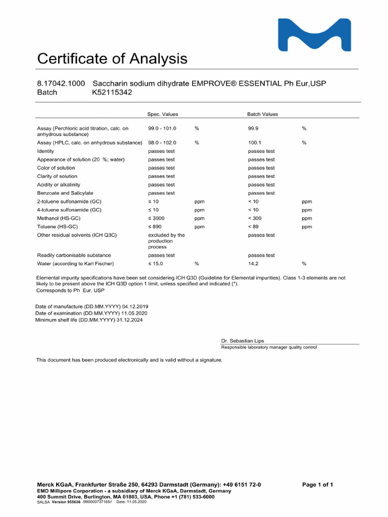 Sodium Saccharin Merck | PDF