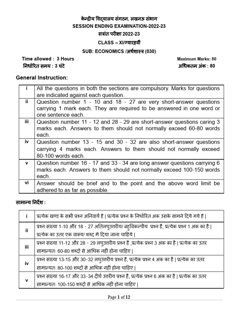 Kvs Lucknow Xi Eco QP & Ms (Re-Exam) 22-23 | PDF