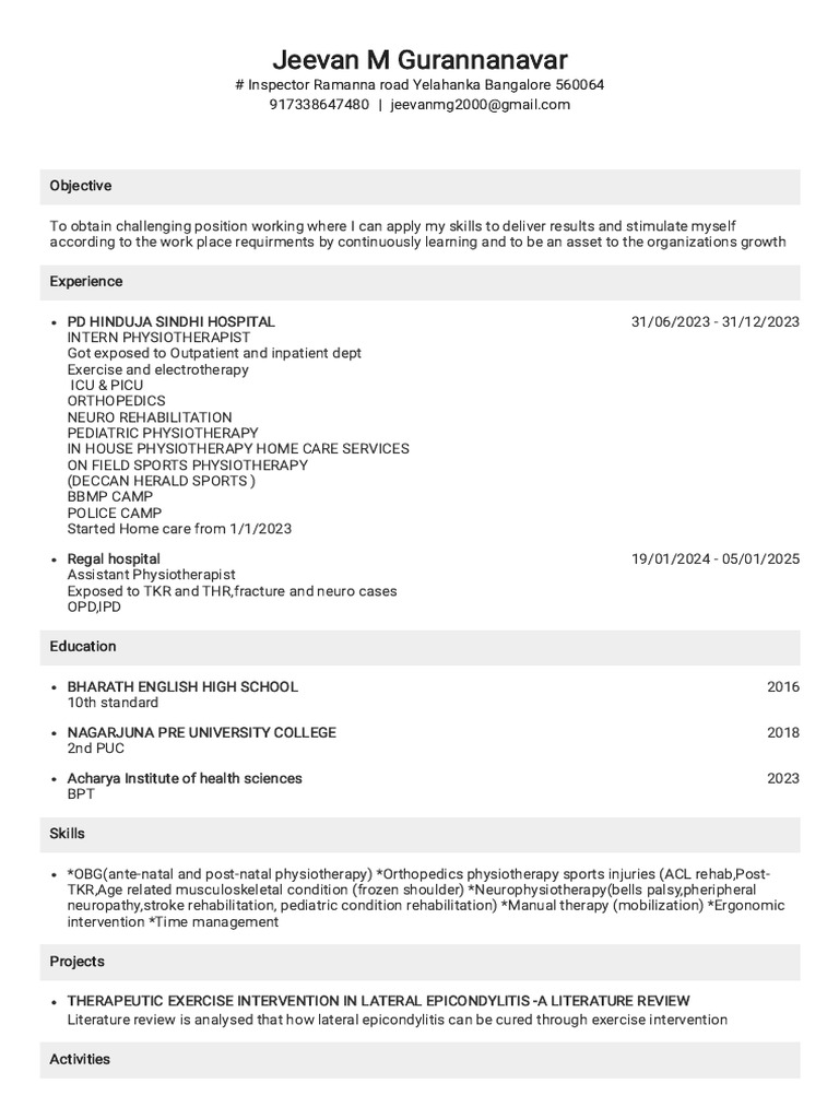 Jeevan M Gurannanavar - Resume - Apna | PDF | Physical Therapy | Diseases And Disorders