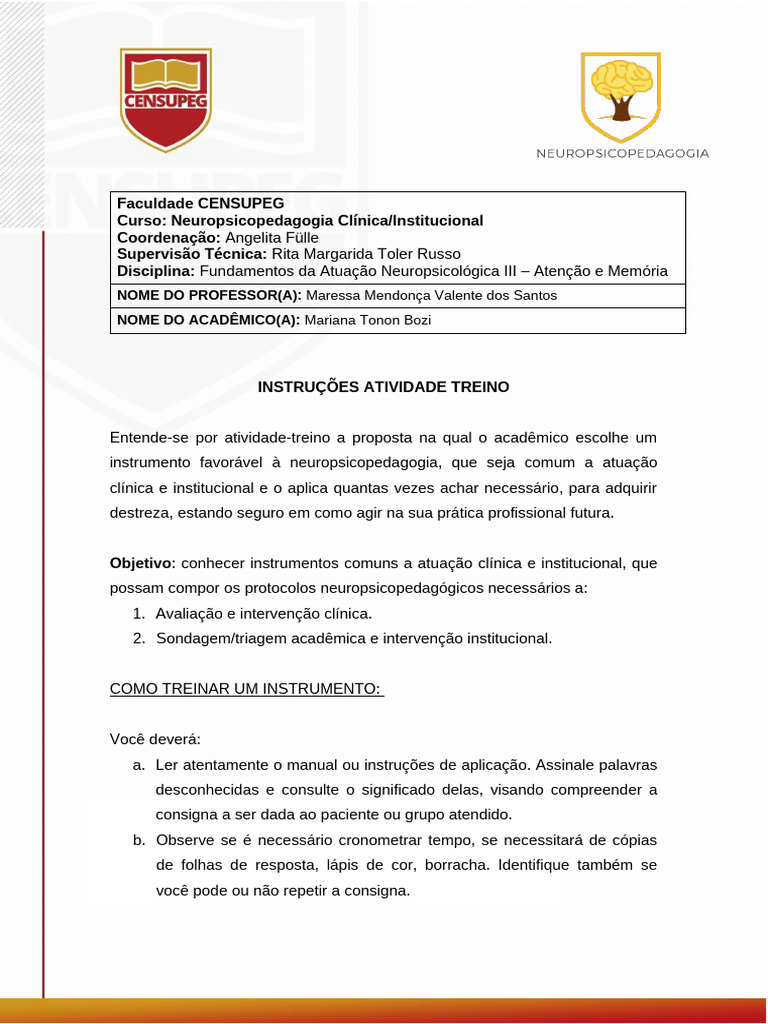 Atividade Treino - Fundamentos Da Atuação Neuropsicopedagógica III ...