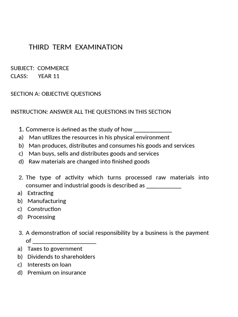 Year 11 Commerce Exam Questions | PDF | Commerce | Goods