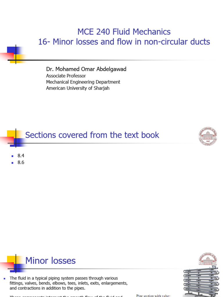 MCE 240 - 15 Minor Losses and Flow in Non-Circular Ducts | PDF | Fluid ...